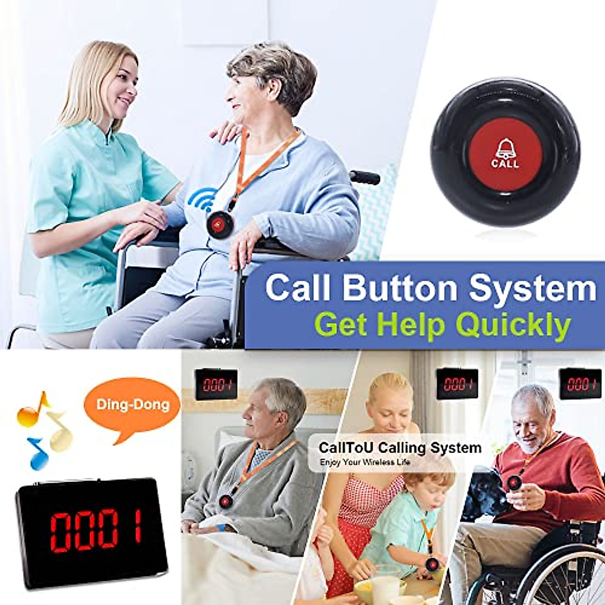 CallToU Wireless Calling System Customers Patient Pager System with 10 PCS Waterproof Call Buttons and 1 PC Display Receiver for Restaurant Clinic Nursing Home Caregiver