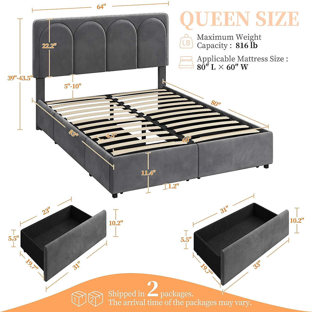 Yaheetech Queen Bed Frame Upholstered Platform Bed with 4 Drawers Storage and Adjustable Headboard,Arch Channel Tufted Headboard,Sturdy Wood Slat Support,No Box Spring Needed,Dark Gray Queen Bed