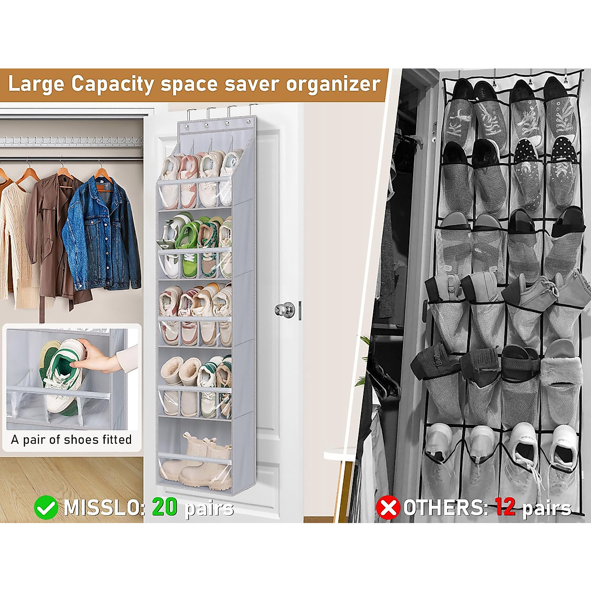 MISSLO 20 Pairs Over The Door Shoe Organizer for Closet Narrow Hanging Shoe Rack for Door Hanger Deep Pocket Door Shoe Holder Storage for Boots, Size 13 Sneakers, Grey