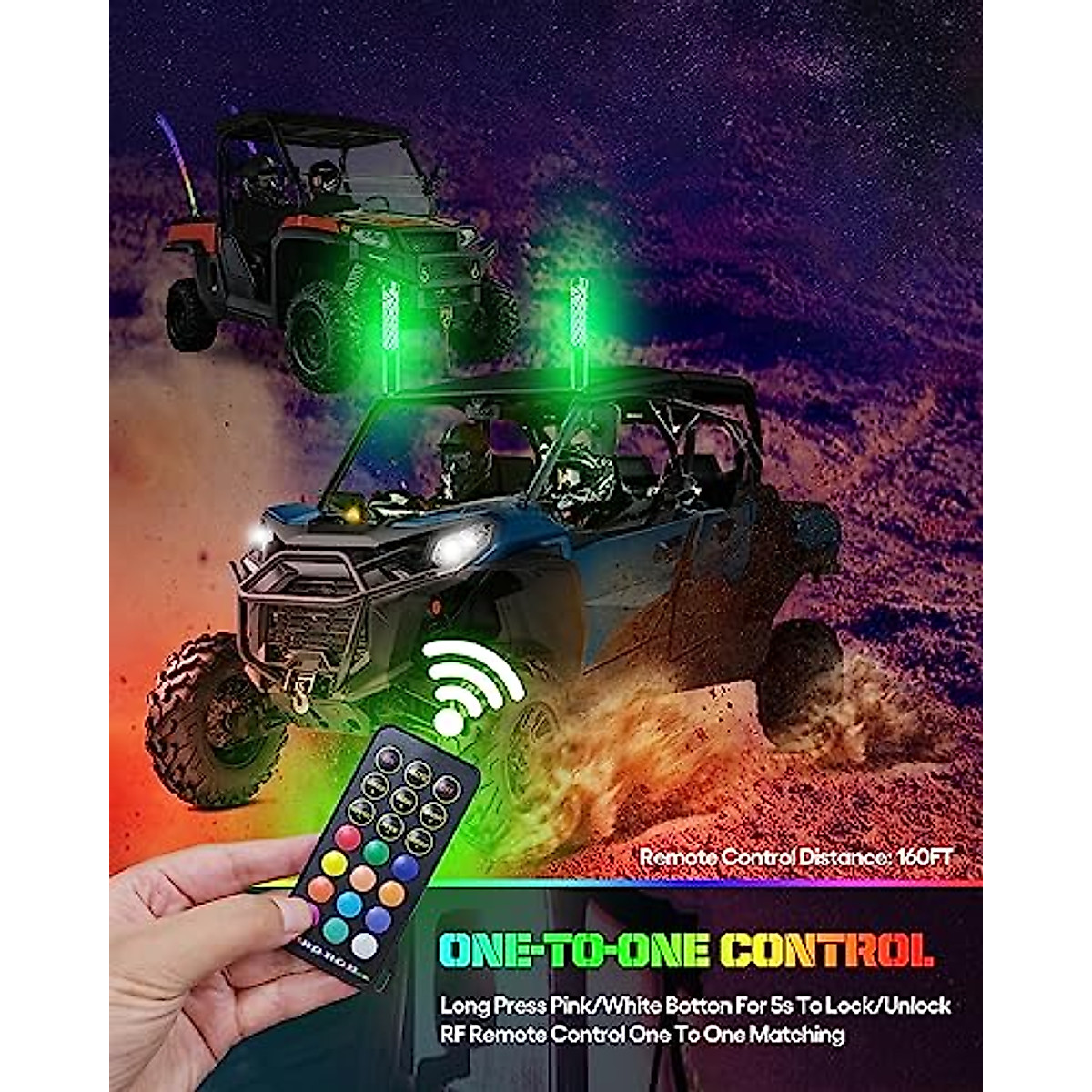 CO LIGHT Fat Spiral LED Whip Lights Thick Antenna 1FT Remote Control RGB Chasing/Dancing Light for UTV ATV 2PCS, APP-Supported 300 Colors & 200 Modes with Turn Signal, Brake Light, Reversing Light