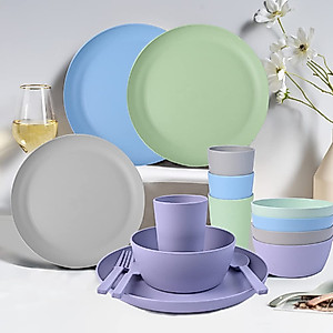 Wheat Straw Dinnerware Sets - 24 pcs Lightweight Bowls Unbreakable Dish Set Dishwasher Microwave Safe Wheat Straw Cups Cutlery Plates and Bowls Set for 4 Suitable for Camping Party Grill（Four Colors）