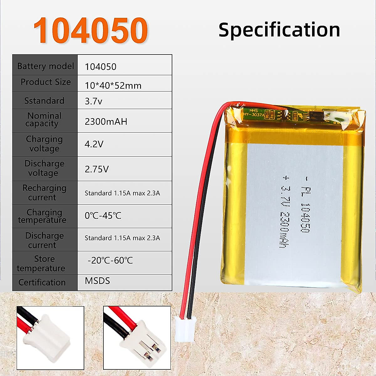 YDL 3.7V 2300mAh 104050 Lipo battery Rechargeable Lithium Polymer ion Battery Pack with JST Connector