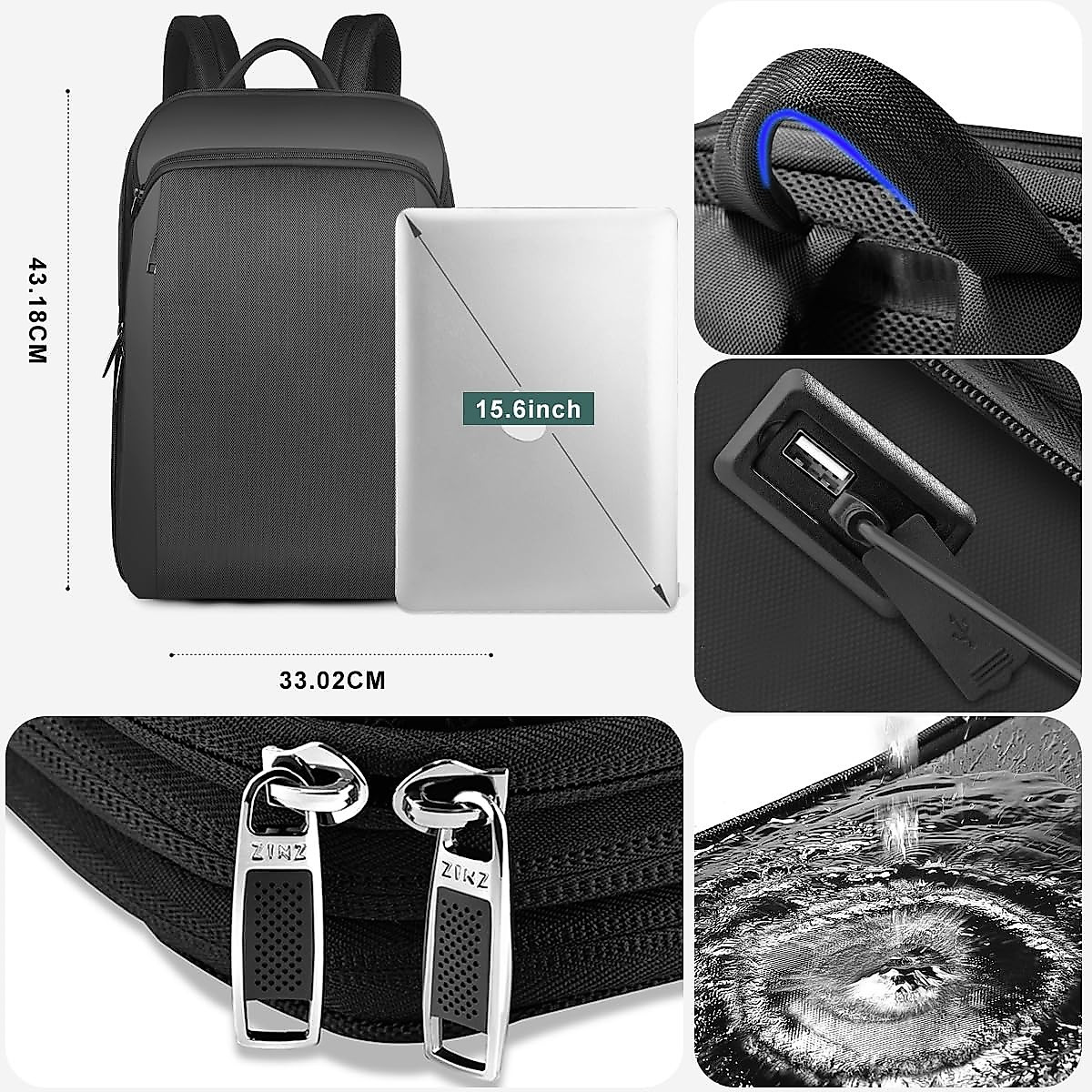 ZINZ Slim and Expandable 15 15.6 16 Inch Laptop Backpack Anti Theft Business Travel Notebook Bag with USB, Multipurpose Large Capacity Daypack College School Bookbag for Men & Women,Deep Black
