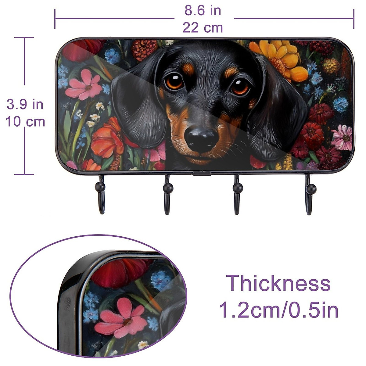 Dragon Sword Coat Rack Wall Mounted, 4 Tri Hooks for Hanging Coats,Wall Coat Hanger, Decorative Iron Hooks for Coat Hat Towel, Bathroom Kitchen (Retro Flowers Dachshund)