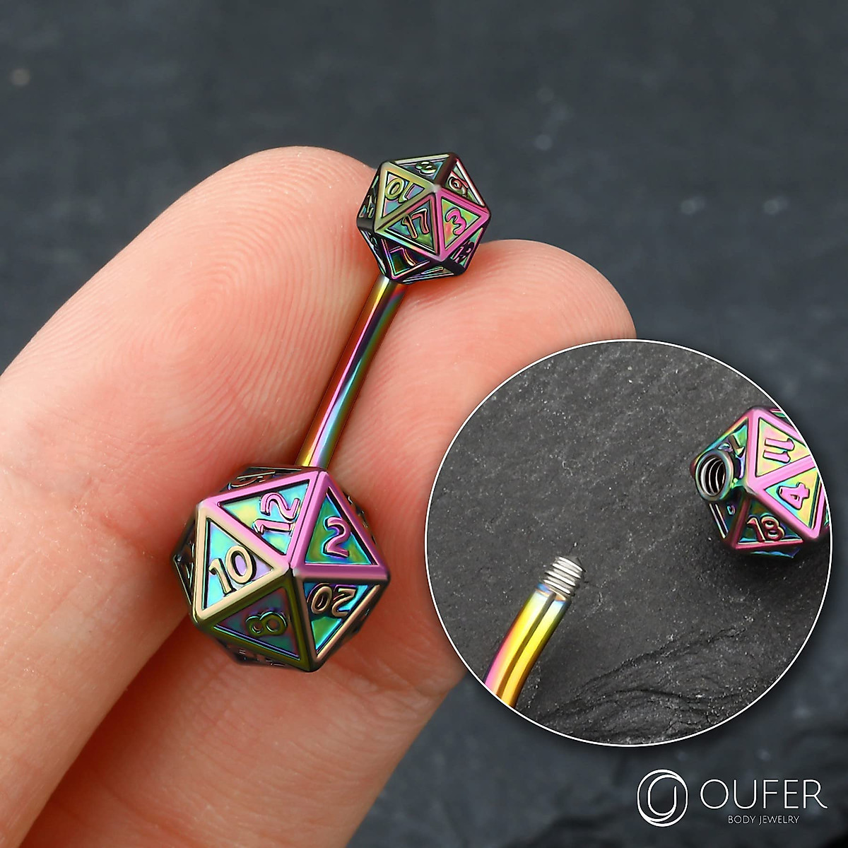 OUFER 14G Belly Rings, 20 Sided Dice Icosahedron 316L Stainless Belly Button Rings, DND Navel Piercing Jewelry, Curved Barbells