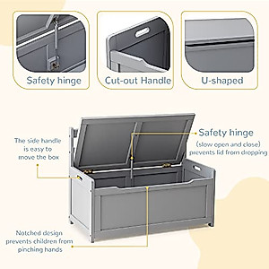 Curipeer Kids Toy Box Chest, Gray Rubber Wood Toy Box for Boys Girls, Large Storage Cabinet with Cushion Seat Bench/Flip-Top Lid/Safety Hinge, Toy Storage Organizer Trunk for Nursery, Playroom