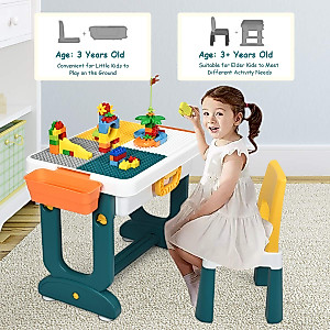 Costzon 5 in 1 Kids Multi Activity Table and Chair Set, Building Block Table w/Double-Sided Board, Storage, Children Draw Table w/Pen Folding to Toddler Luggage, Gift for Boys & Girls