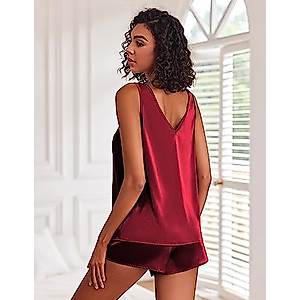 Ekouaer Pjs Shorts Set Womens Silk Sleepwear Pajamas Tank Tops and Short Bottoms Set Satin Pjs Two Piece Nightwear Set (Wine,L)