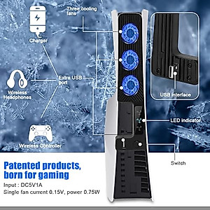 PS5 Slim Cooling Fan, SIKEMAY New PlayStation 5 Slim Console Accessories Cooler with USB Port and 3 Adjustable Quiet 9500-Speed Fans, Cool LED Light for PS5 Slim Digital/Disc Edition System (Black)