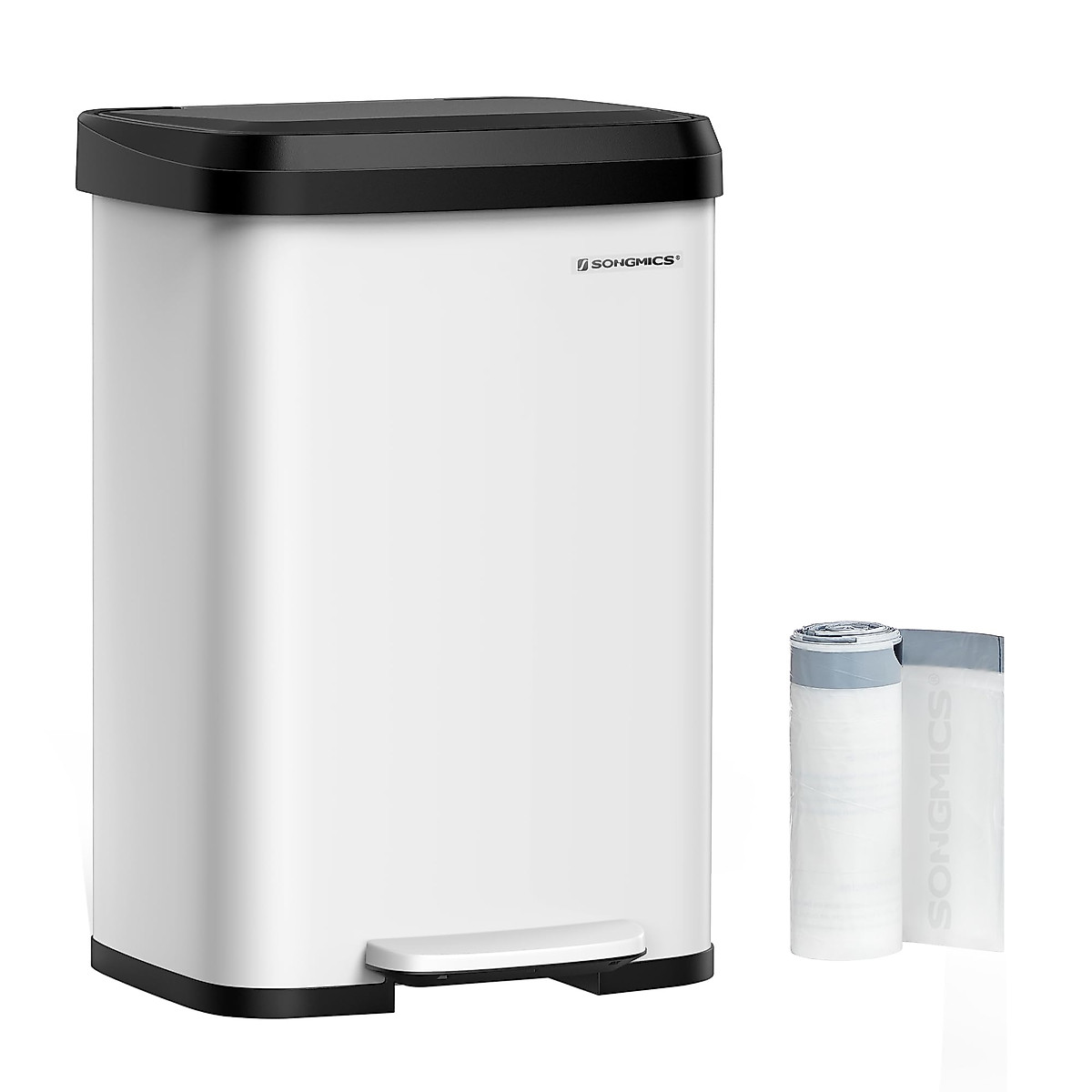 SONGMICS Kitchen Trash Can, 13 Gallon (50 L) Stainless Steel Garbage Can, with Stay-Open Lid and Step-on Pedal, Soft Closure, Tall, Large and Space-Saving, White and Black ULTB530W50