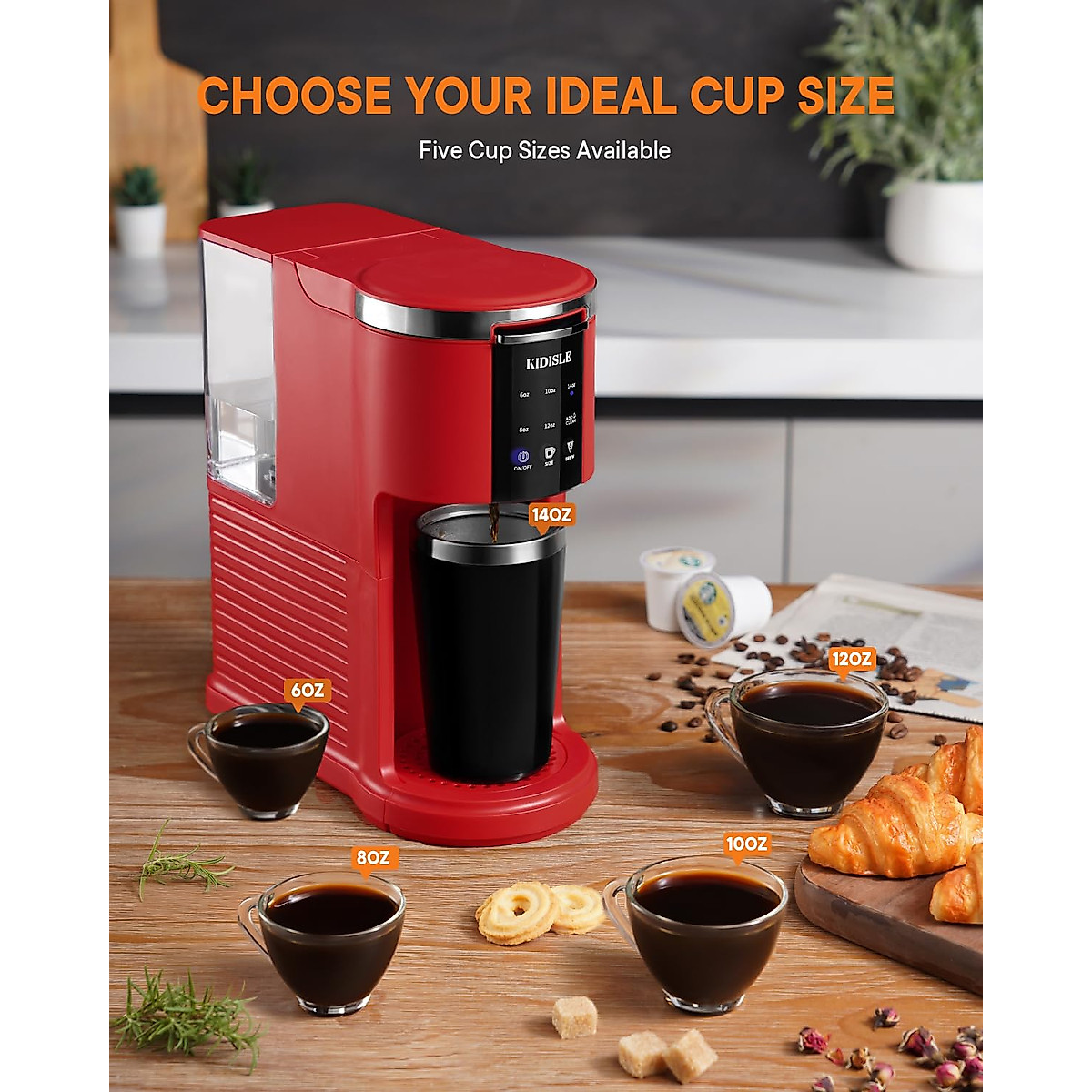 KIDISLE Single Serve Coffee Machine, 3 in 1 Pod Coffee Maker for K Cup Pods & Ground Coffee & Teas, 6 to 14oz Brew Sizes, with 40oz Removable Water Reservoir, Descale Settings, Red