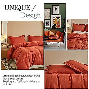Simple&Opulence 100% Linen Duvet Cover Set 3pcs Basic Style Natural French Washed Flax Solid Color Soft Breathable Farmhouse Bedding with Button Closure - Brick Red, King