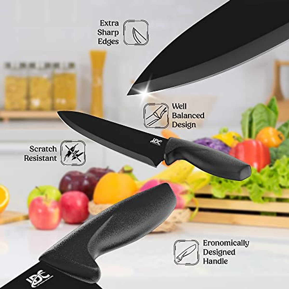 Lux Decor Collection Knife Set - 7 Piece Knives Set For Kitchen | Ultra Sharp Serrated Knife | Black Steak Knives Set | Rust Proof and Scratch Resistant Sharp Knives| Kitchen Knife Set