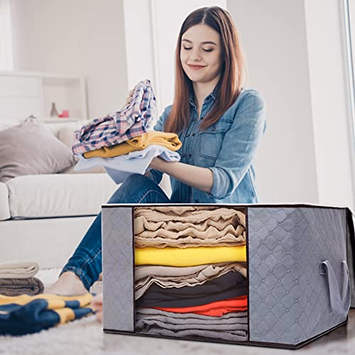 SlowlyTalk Clothes Storage Bag Organizer, Large Capacity Foldable Clothing Storage Bins with Clear Window, Sturdy Zipper and Reinforced Handle for Organizing Comforters, Blankets Closet Bedding Pillows, 90L, Grey (3 Pack)