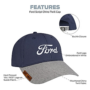 Ford Vintage Script Chino Twill Adjustable Baseball Cap, Blue and Grey