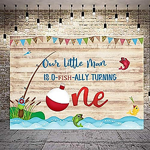 O-Fish Ally Fish Birthday Photo Backgrounds 7x5ft Rustic Wooden Boards Boys Go Fishing First Birthday Party Photography Backdrops Boys or Girls Cake Table Background Photo Studio Booth Props Vinyl