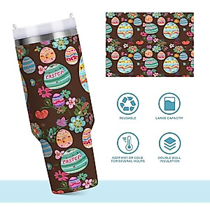 RPLIFE Cute Easter Bunnies Brown 40oz Tumbler with Handle, Stainless Steel Water Bottle with Straw, Travel Coffee Tumbler