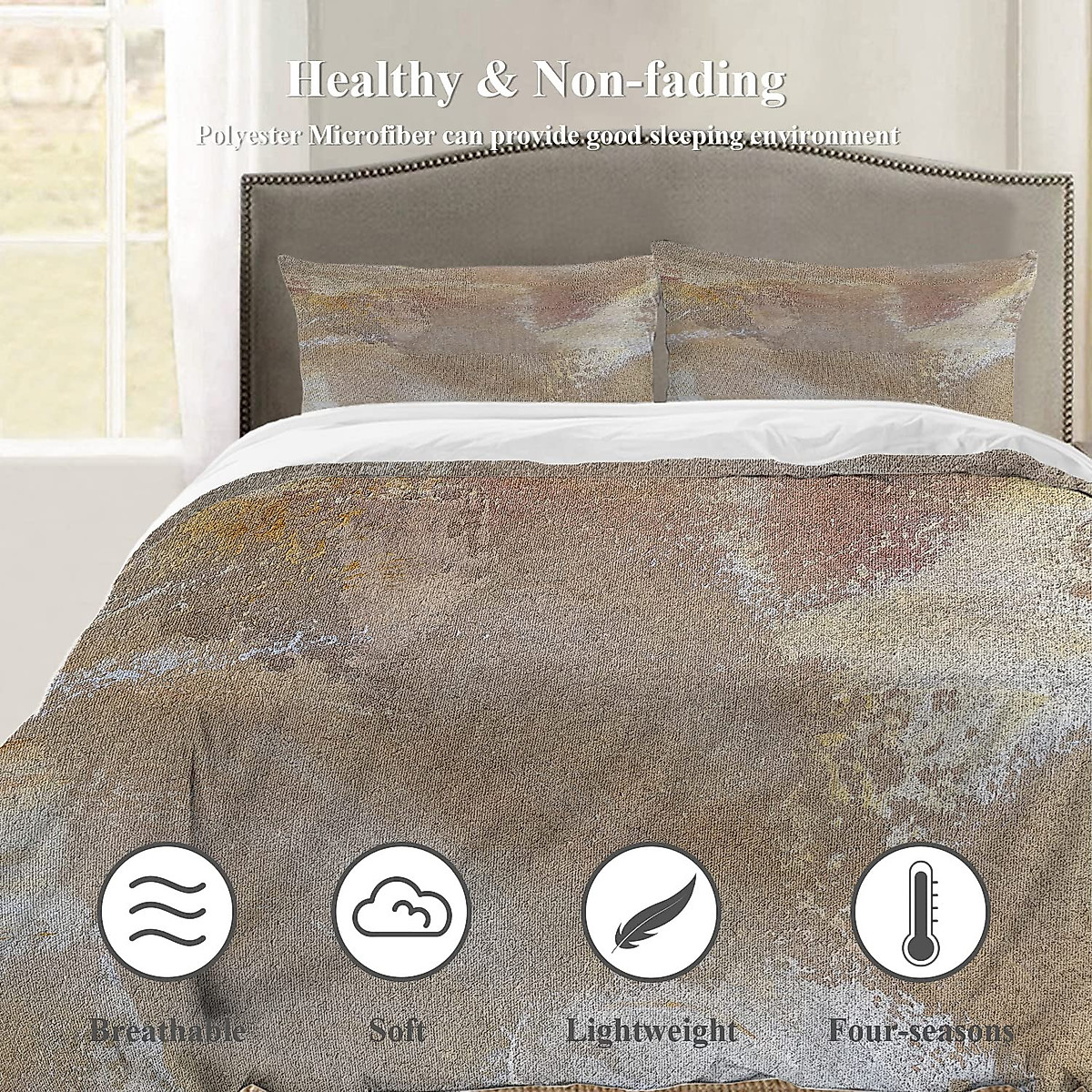 Shrahala Beige Brush Oil Painting Duvet Cover Set Twin Size, Brown Strokes Texture 3 Pieces Soft Brushed 100% Cotton Duvet Covers with Button Closure, 1 Duvet Cover 68x90 inches and 2 Pillow Shams