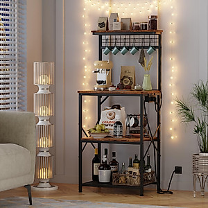 Furologee Kitchen Bakers Rack with Power Outlet, Microwave Oven Stand with Storage 4 Tiers, Coffee Bar Table with 6 S Hooks, Kitchen Storage Shelf Rack for Spices, Pots, Rustic Brown