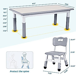 AuAg 47.2‘’ Kid Table and 4/6 Chairs Set, Height Adjustable Toddler Study Table&Chair Set for Age 2-10, Multi-Activity Art Table W/Graffiti&Scrubtable Desktop, for Daycare, Classroom, Home