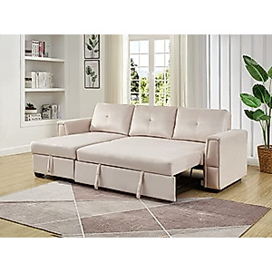 Legend Vansen 91" Wide Reversible Sofabed Sectional Sofas with Chaise，Velvet Storage L-Shape Twin Size for Living Room Couch Sleeper, Cream
