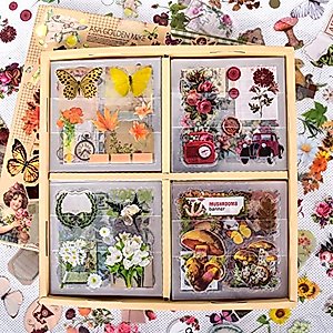 510PCS Plants Floral Scrapbook Stickers Kit Vintage Flowers Butterfly Mushroom Fall Maple Leaves Transparent Waterproof Stickers Set for Scrapbooking Supplies Aesthetic Junk Journal Journaling Craft (Yellow)
