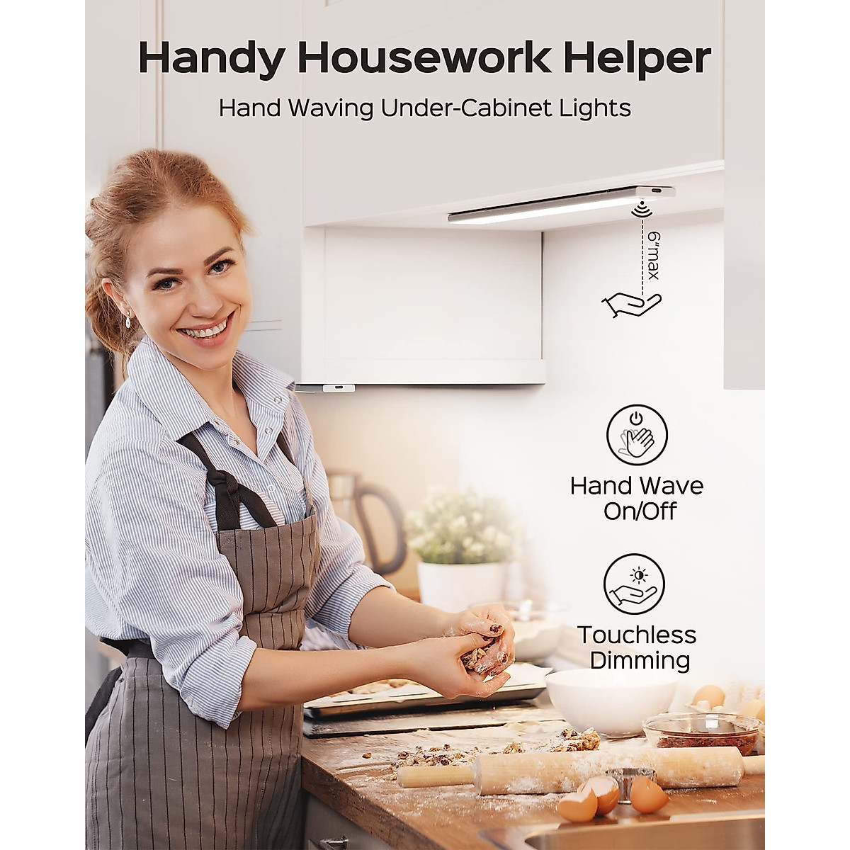 JACKYLED 2 Pack 16in Under Cabinet Lights for Kitchen, Under Cabinet Task Lighting Updated Wave Sensor Indoor, 65 LED Rechargeable 3000mAh Battery Under Counter Lights in Kitchen, Closet, Bedroom