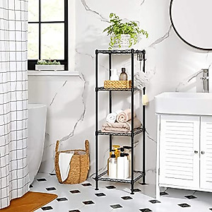 SONGMICS Bathroom Shelf, Storage Rack for Small Space, Total Load Capacity 176.4 lb, 11.8 x 11.8 x 40.2 Inches, with 4 PP Sheets, Removable Hooks, Extendable Design, Black and Translucent ULGR104B01