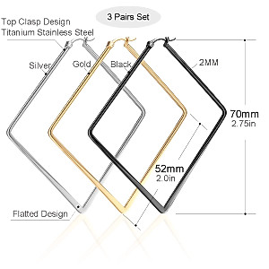 3 Pairs Big Square Hoop Earrings for Women, Geometric Symmetrical Flat Stainless Steel Plated in Gold-Silver-Black, 70mm
