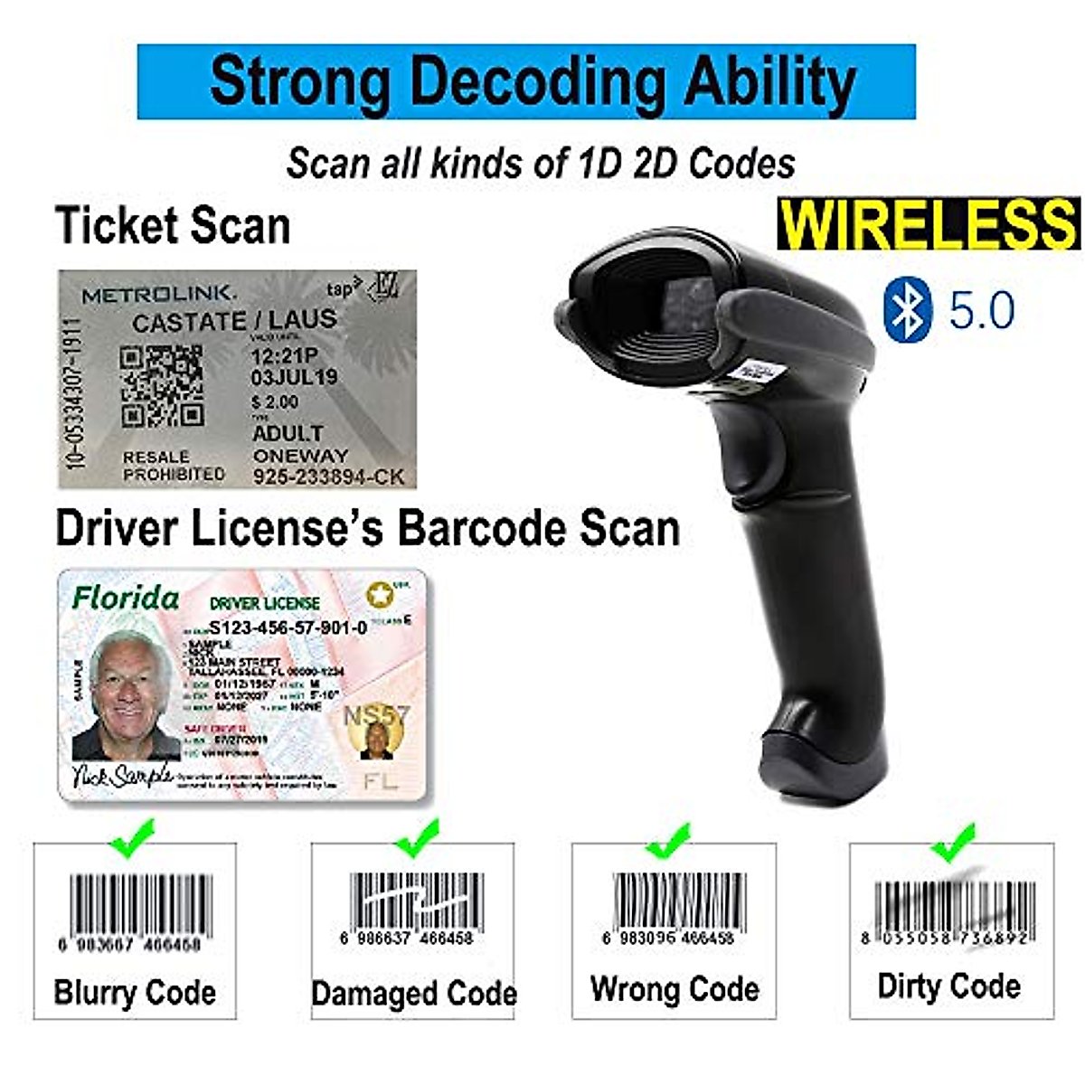 TEEMI Bluetooth Barcode Scanner with USB Charging Cradle Data Receiver, 1D 2D QR Wireless Imager with Vibration Alert for iOS Android Devices, BT 5.0 Longer Transfer Range, Handsfree Screen Scanning
