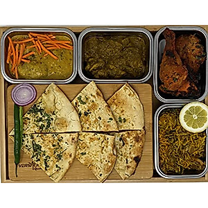 VERSACHOP Quattro - Totally natural organic bamboo cutting board with included stainless steel lunch boxes with airtight lids and serving tray. Perfect for meal prep, storage and organization.