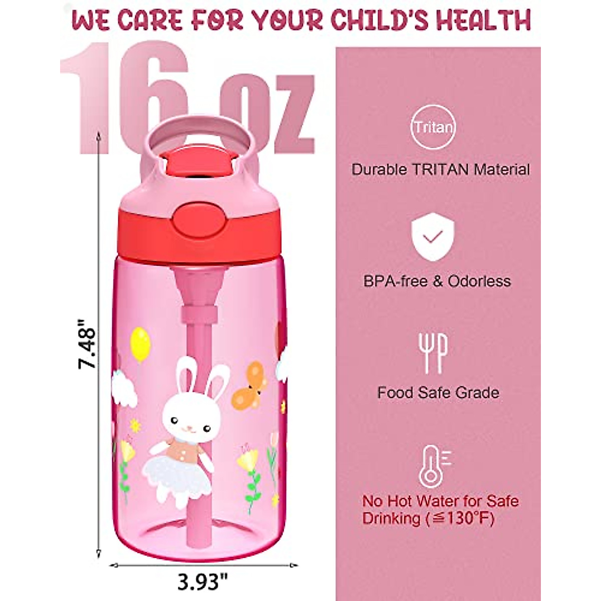 A+ Choice Kids Water Bottle with Straw & Handle - 16 oz BPA Free Kids Water Bottles, Spill Proof, Easy-Clean, Dishwasher Safe - Cute Rabbit Pink