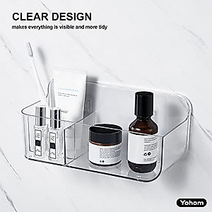 YOHOM Clear Adhesive Bathroom Caddy Organizer for Tile Wall Mounted Stick on Shower Caddy Floating Shelf Plastic Shampoo Holder with 3 compartments