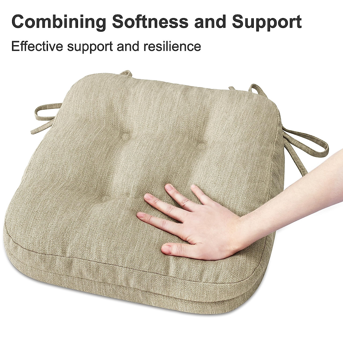 Shinnwa Chair Cushions for Dining Chairs 4 Pack, Tufted Memory Foam Kitchen Seat Cushions, Non-Slip Chair Pads with Ties, 16.5” x 16.5” x 3.5”, Beige, Set of 4