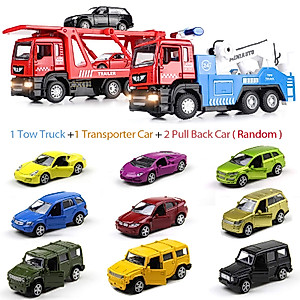 Winrayk 4Pcs Tow Truck Toys with Mini Toy Cars Set Pull Back Cars with Lights and Sound Trailer Transporter Vehicles Truck Toy, 1:50 Scale Metal Diecast Toy Trucks for Boys Girls 3 4 5 6 7 8 Years Old