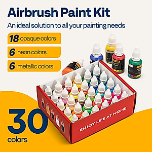 VIVOHOME 30 Color Airbrush Paint Set, Acrylic Air Brush Paints Ready to Spray (No Thinner Needed), Water Based Painting Colors for Artist and Beginners, Includes 6 Metal & 6 Neon, Pack of 30 (20 ml/0.68 Fl Oz)
