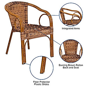 EMMA + OLIVER Brown Rattan Patio Chair with Dark Red Bamboo-Aluminum Frame