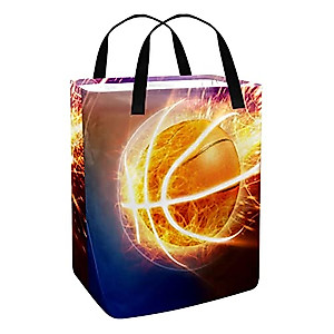 Burning Basketball Glowing Lights Print Collapsible Laundry Hamper, 60L Waterproof Laundry Baskets Washing Bin Clothes Toys Storage for Dorm Bathroom Bedroom