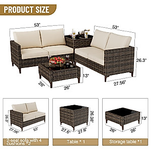 Outdoor PE Wicker Furniture Set 4 Piece Patio Black Rattan Sectional Loveseat Couch Set Conversation Sofa with Storage Box Glass Top Table and Non-Slip Beige Cushion