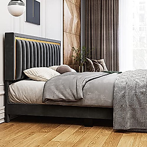Senfot Full Size Bed Frame, Velvet Upholstered Platform Bed with Adjustable Tufted Headboard and Heavy Duty Metal Foundation with Wood Slats Supports No Box Spring Needed in Gray
