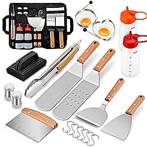 Joyfair Griddle Accessories Set for Camp Teppanyaki, 20 PCS Stainless Steel Griddle Grilling Tools Metal Spatulas, Scrapers, Tong, Egg Ring, Brush, Black Carry Bag for Indoor & Outdoor Use