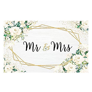 Allenjoy White Floral Mr & Mrs Engagement Decorations Backdrop for Couples Wedding Bride and Groom Engaged Ceremony Anniversary Bridal Shower Supplies Photo Booth Props Background