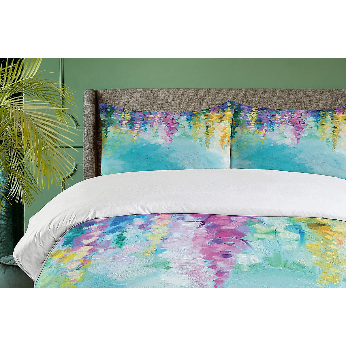 Ambesonne Flower Duvet Cover Set, Abstract Ivy Romantic and Landscape Spring Floral Art Nature Theme, Decorative 3 Piece Bedding Set with 2 Pillow Shams, King Size, Turquoise Purple