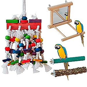VECELA Parrot Toys, Bird Parrot Toys Set - Parrot Chewing Toys Knots Blocks, Parrot Mirror, Bird Perches - Bird Cage Toys for Budgies, Parakeets, Cockatiels, Conures, Lovebirds, Small or Medium Birds