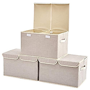 EZOWare Large Storage Boxes [3-Pack] Large Linen Fabric Foldable Storage Cubes Bin Box Containers with Lid and Handles for Home Nursery, Closet, Baby Products (Silver Gray)