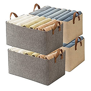 AARAINBOW 4 Pcs Closet Clothes Organizer with Handle, Fabric storage Box with Steel Frame Stackable Shelf Storage Baskets Foldable Storage Baskets for Organizing clothes Toys, 23L (2 Gray 2 Beige)