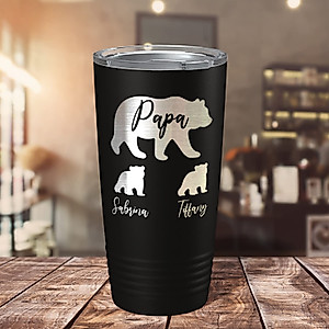 Papa Bear Tumbler Personalized Engraved Cubs on Black Matte 20 oz Custom Insulated Stainless Steel Cup with Lid for Dad Father Gift