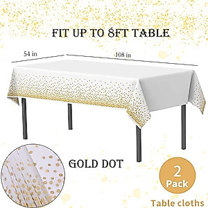 2 Pack White and Gold Tablecloth Disposable Gold Tables Tablecloths for Rectangle 54" x 108" Plastic Tablecloth Party Table Covers for Birthday Thanksgiving Christmas Wedding Outdoor BBQ (White)
