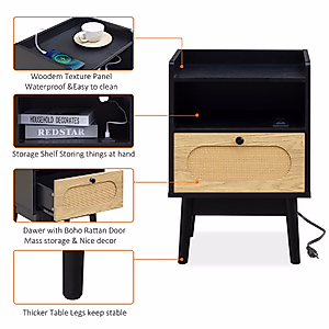 Lomojo Rattan Nightstand Set of 2, Bedside Table with Charging Station, Modern Night Stand,Wood Boho Side Table,Mid Century Small End Table with Drawer for Bedroom (black2)