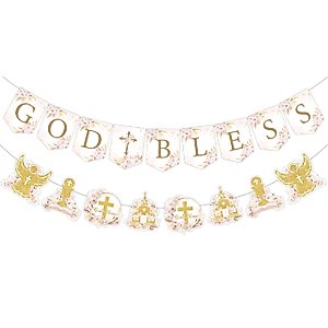 JOYMEMO Pampas Grass God Bless Banner with Baptism Garland - Baptism Decorations for Girls Boho First Holy Communion Christening Girl Shower Bridal Engagement Weddings Party Supplies